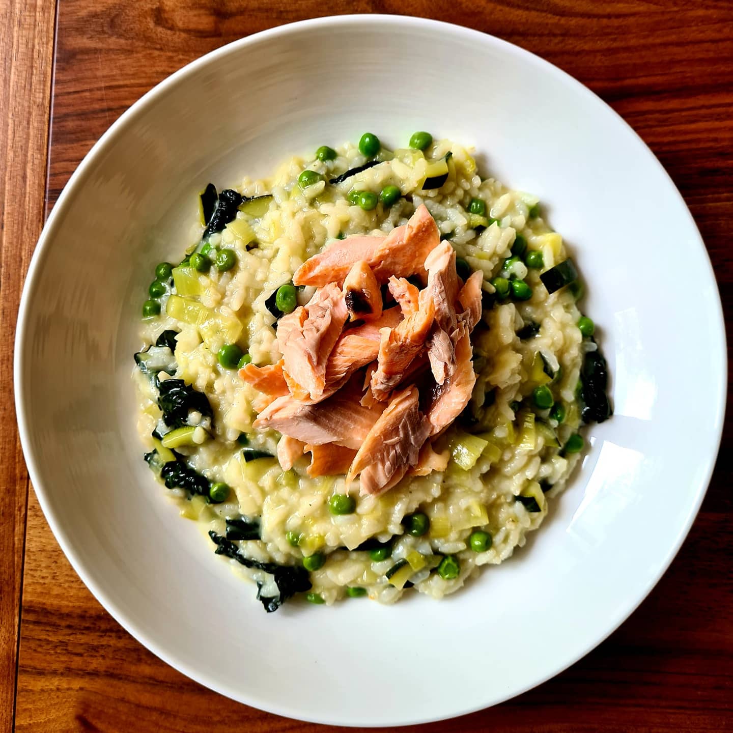 Roasted Rainbow Trout, Kale, Pea and Courgette Risotto - At Dad's Table